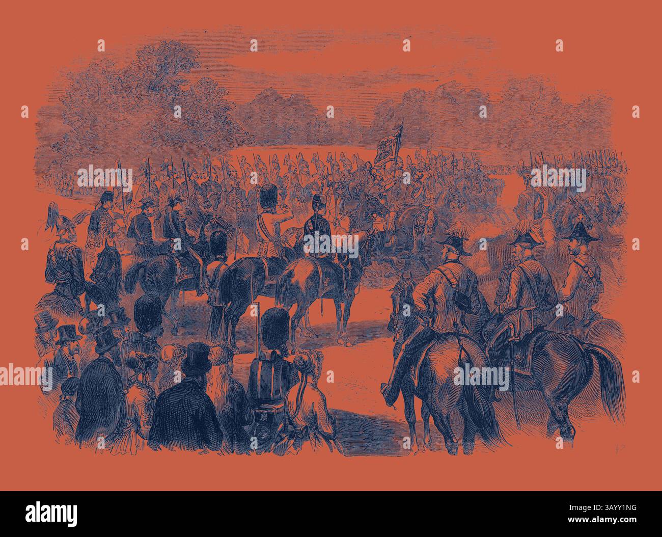 A large gathering of soldiers on horseback, assembled in formation ...