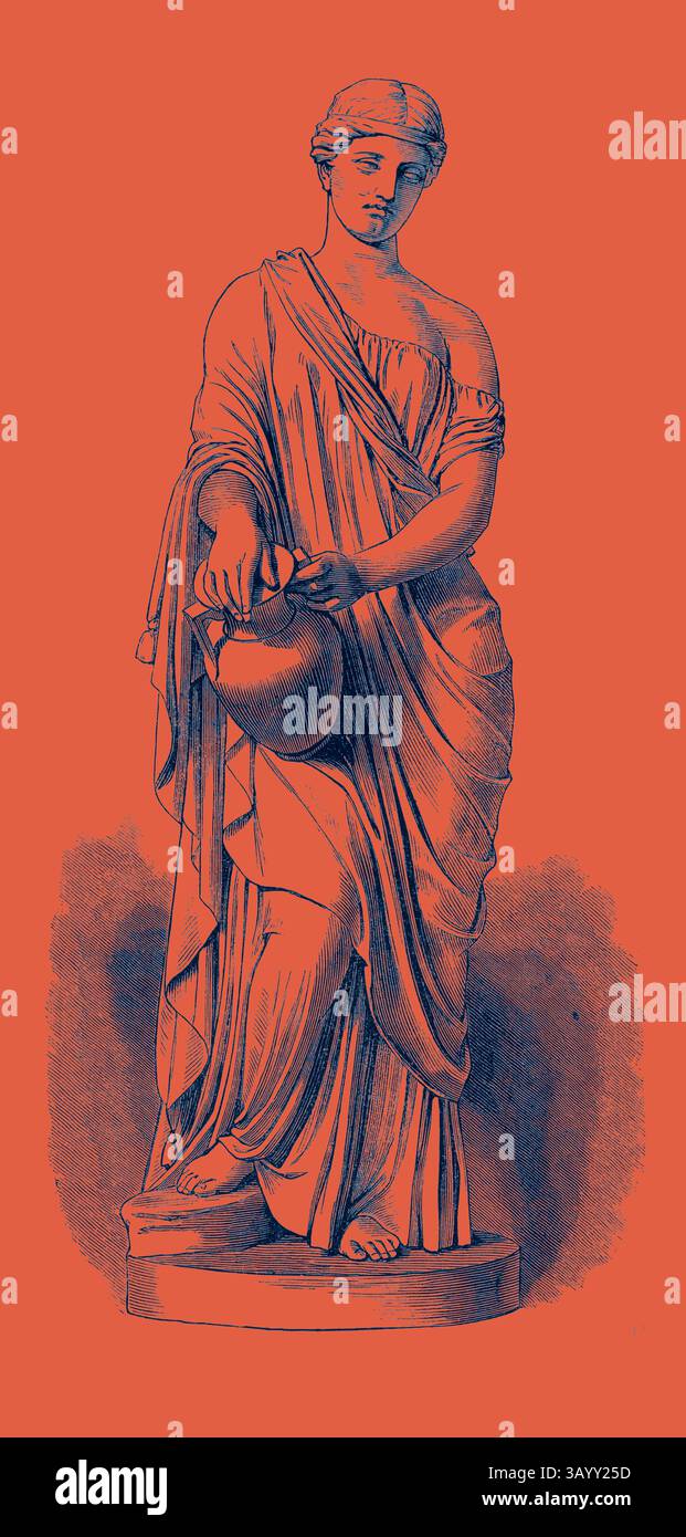 A classical statue of a woman draped in flowing garments, holding a ...