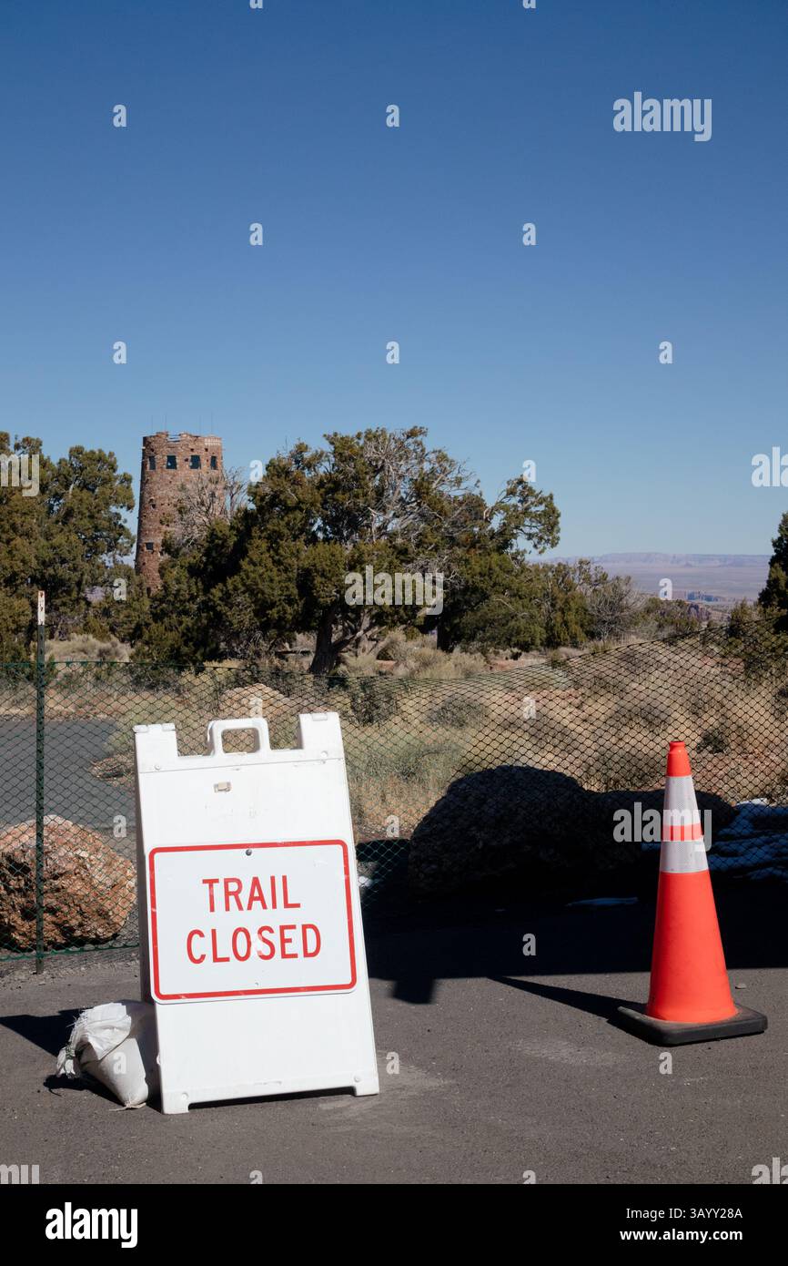 Trail closed sign and cone at the Desert view section of the Grand ...