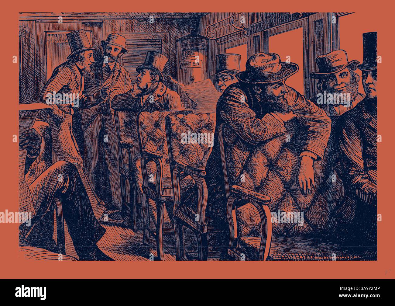 A group of well-dressed men in hats engage in conversation while others ...