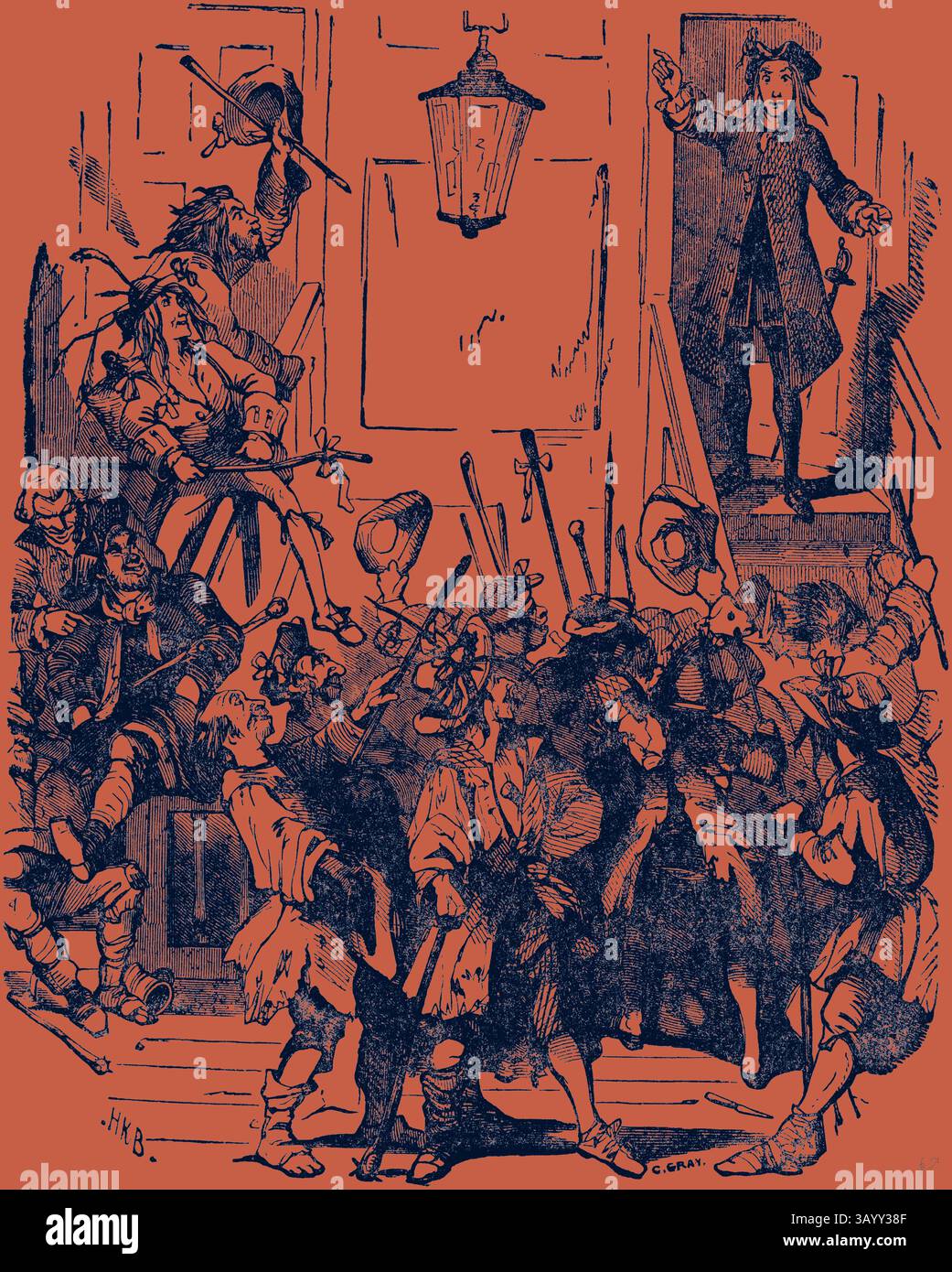 A historical scene depicts a lively gathering, with a figure standing ...