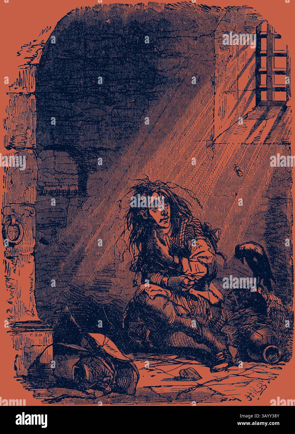 A forlorn figure crouches in a dimly lit cell, their disheveled hair ...