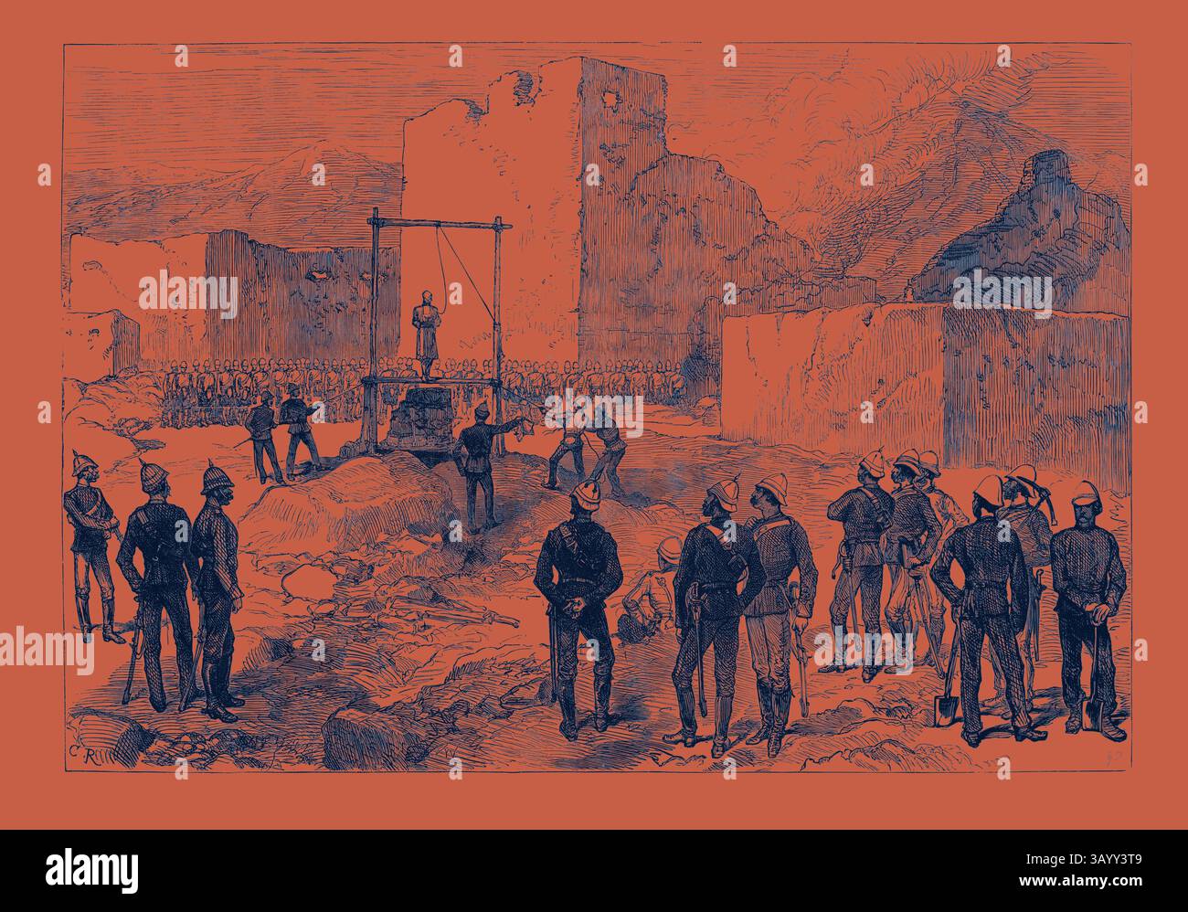 A historical scene depicts a group of soldiers and workers gathered ...