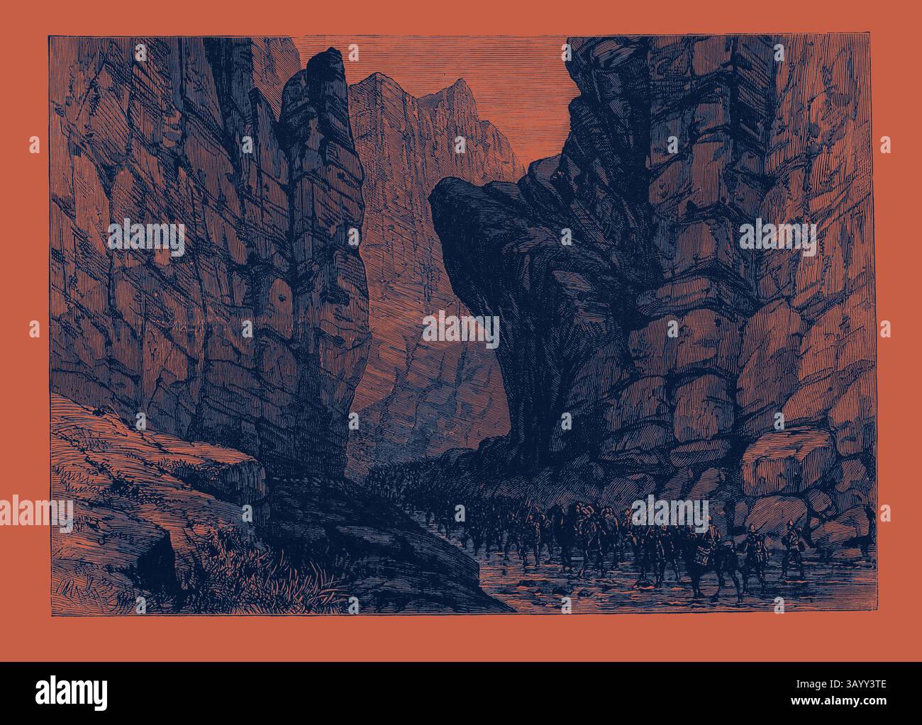 A rugged canyon landscape features towering, jagged cliffs framing a ...