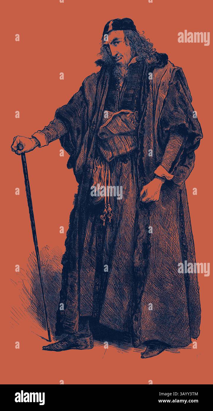 A solemn figure stands confidently, clad in an ornate, flowing garment ...