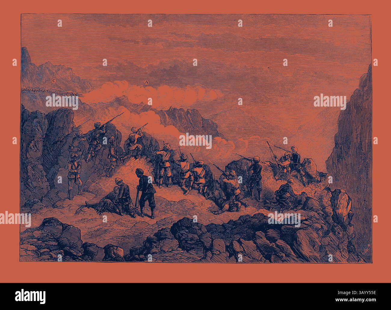 A dramatic battlefield scene depicts soldiers navigating rocky terrain ...