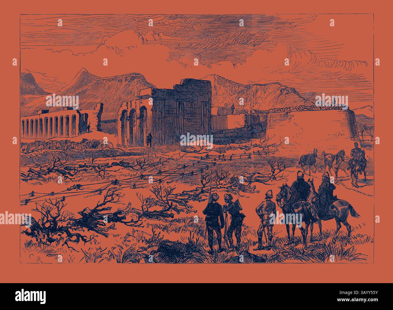 A group of horsemen watches over the remnants of an ancient structure ...