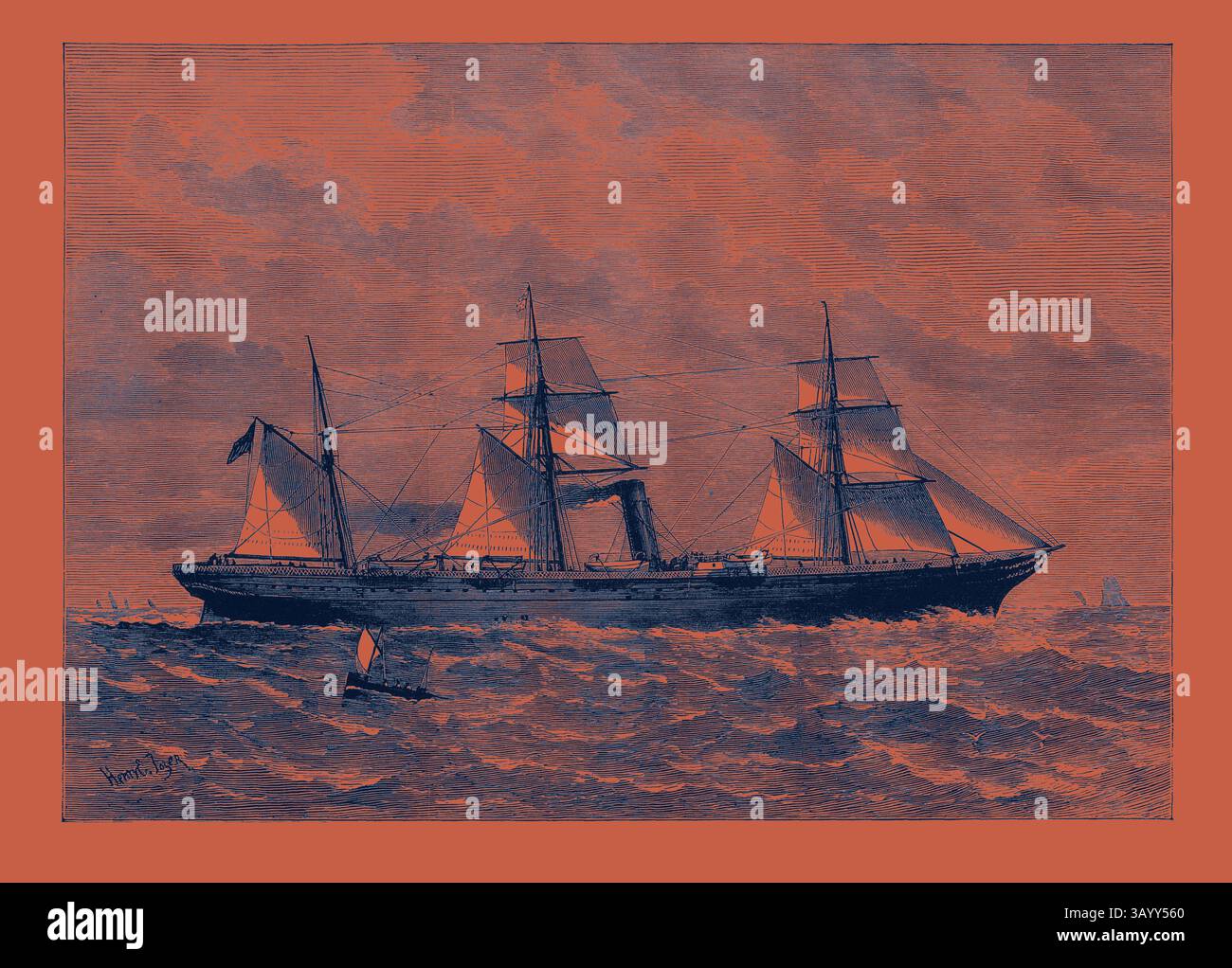 A majestic sailing ship glides through turbulent waters, its sails ...