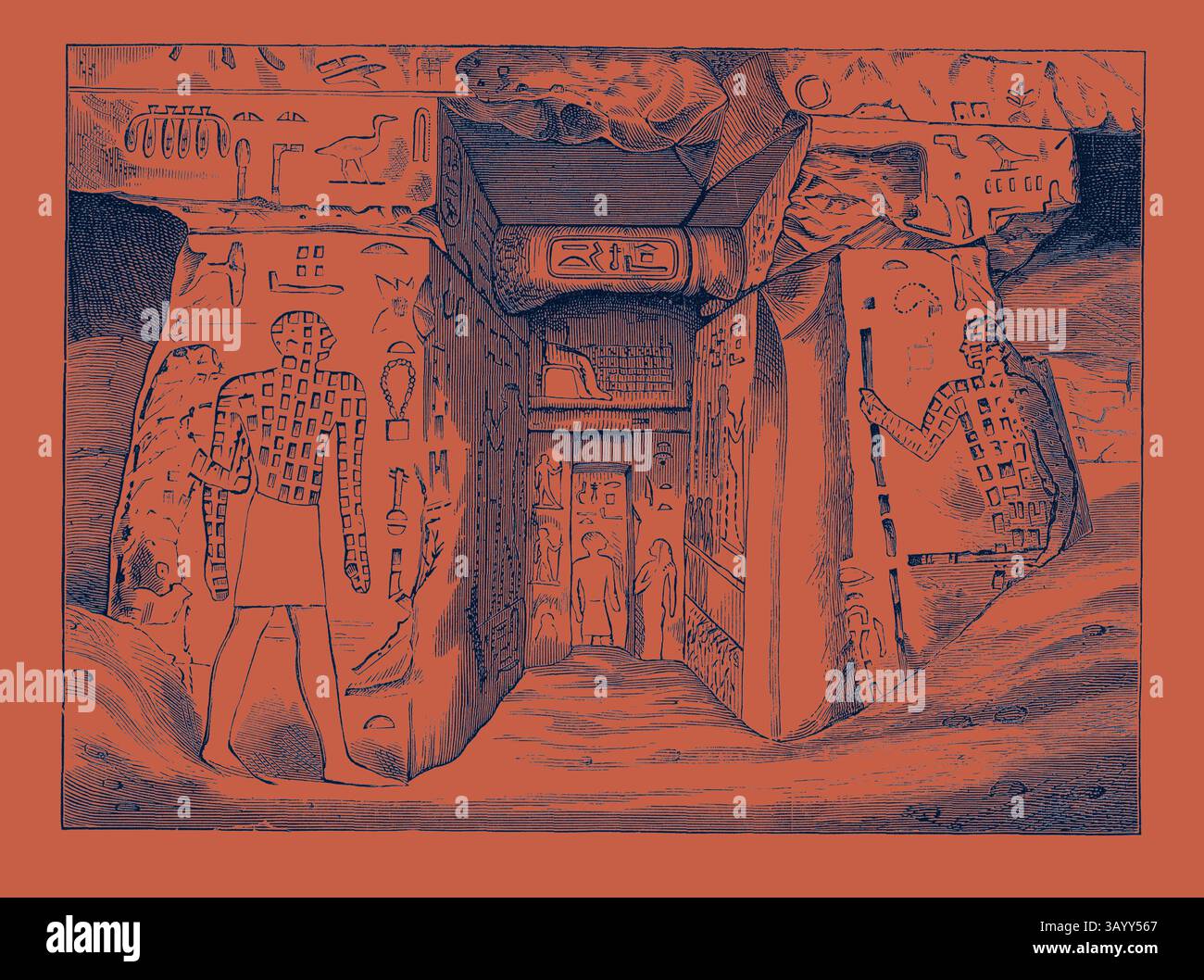 An ancient scene featuring a carved temple-like structure adorned with ...