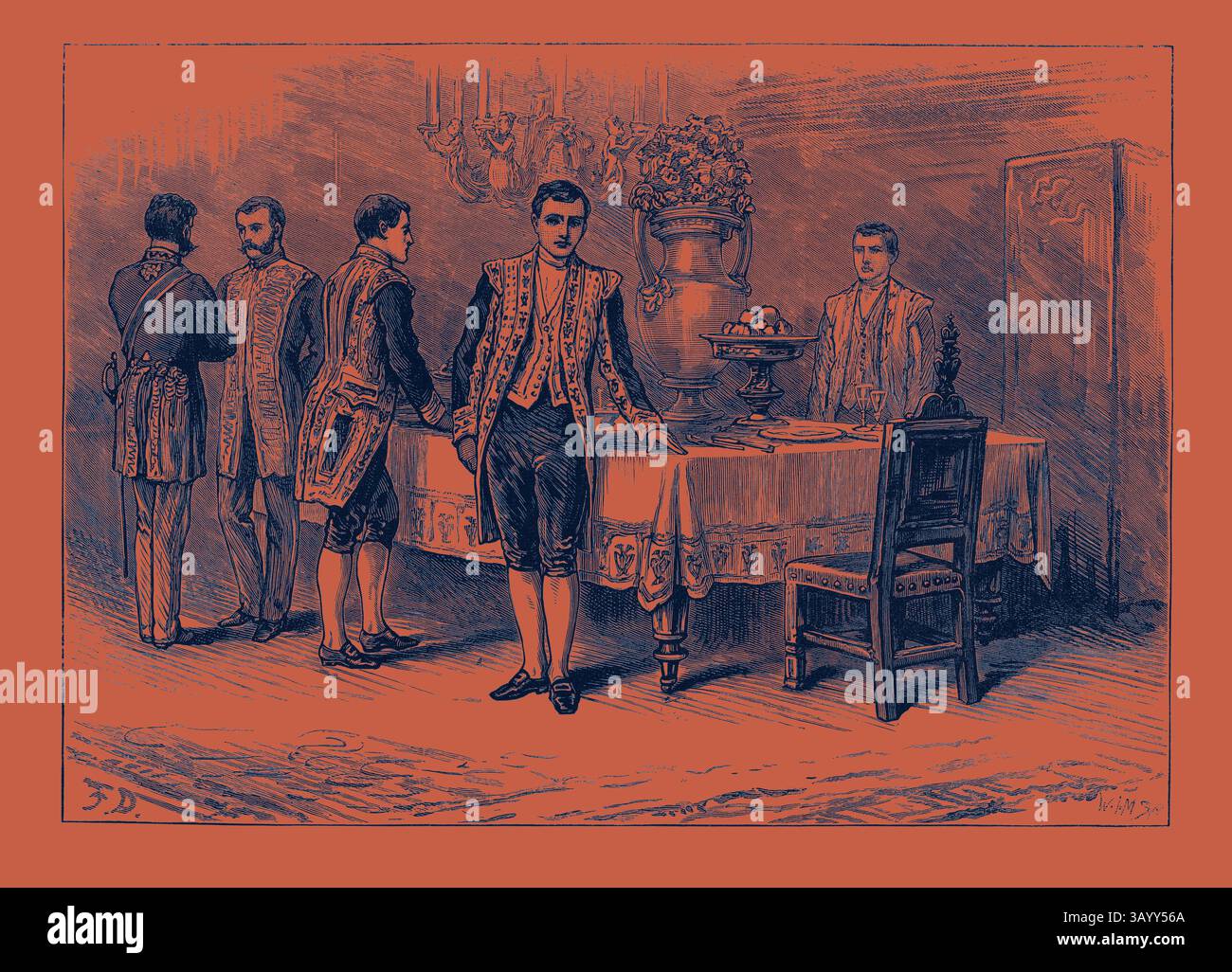 A group of elegantly dressed men gathers around a lavishly set dining table, engaged in ...