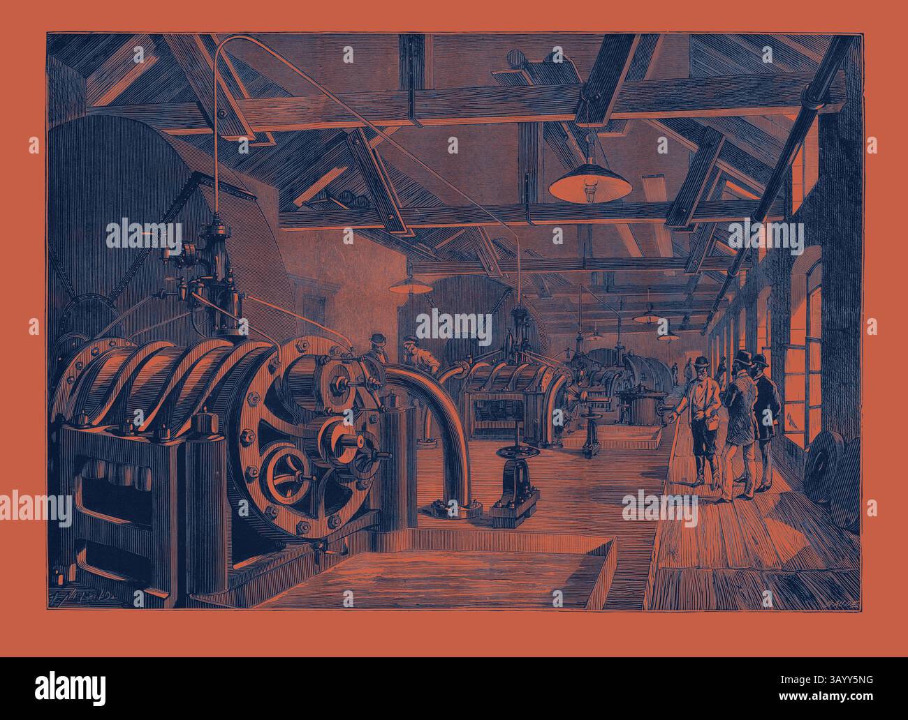 An interior view of a vintage industrial workshop, featuring large ...