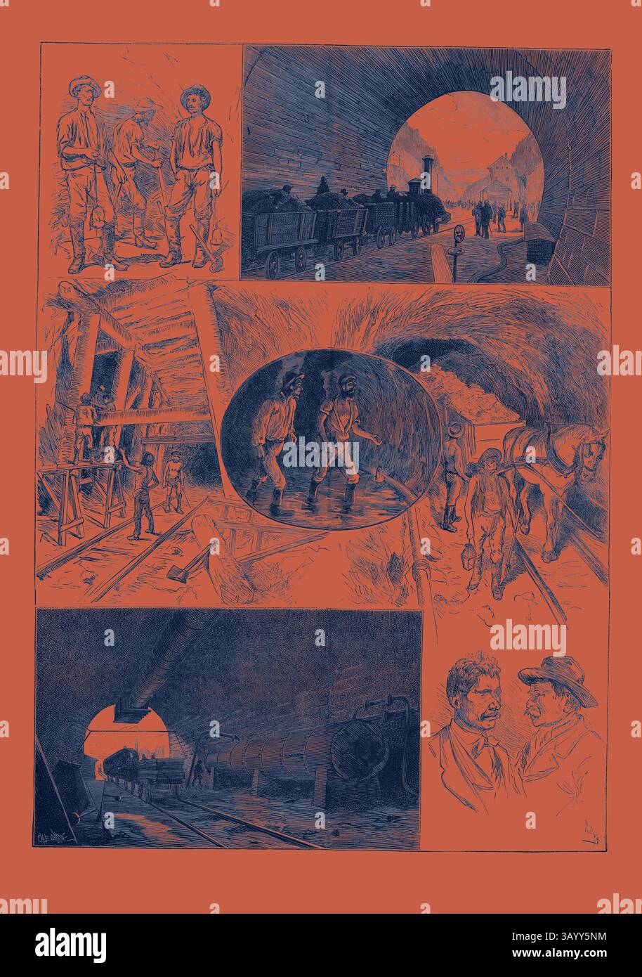 A collage depicting scenes of historical labor and transportation ...