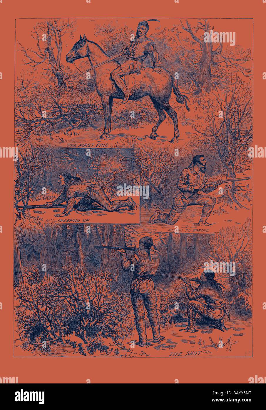 A series of illustrated scenes depicting a hunting expedition ...