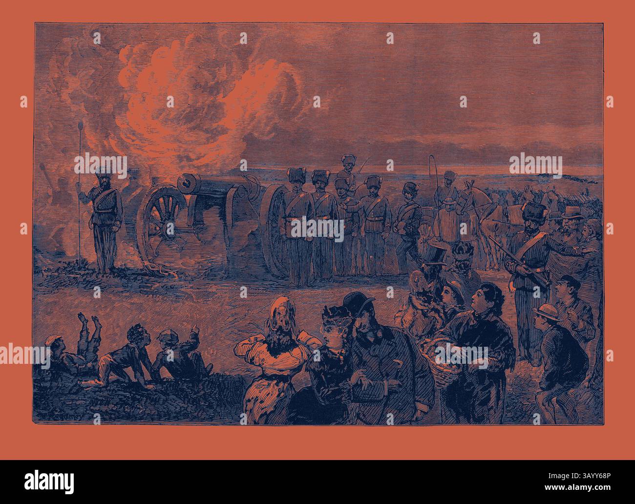 A scene depicting soldiers gathered around a cannon, smoke billowing ...