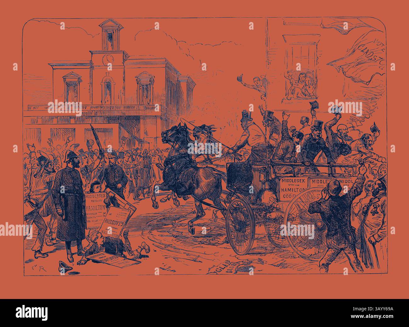 A lively scene depicting a public celebration with a horse-drawn ...