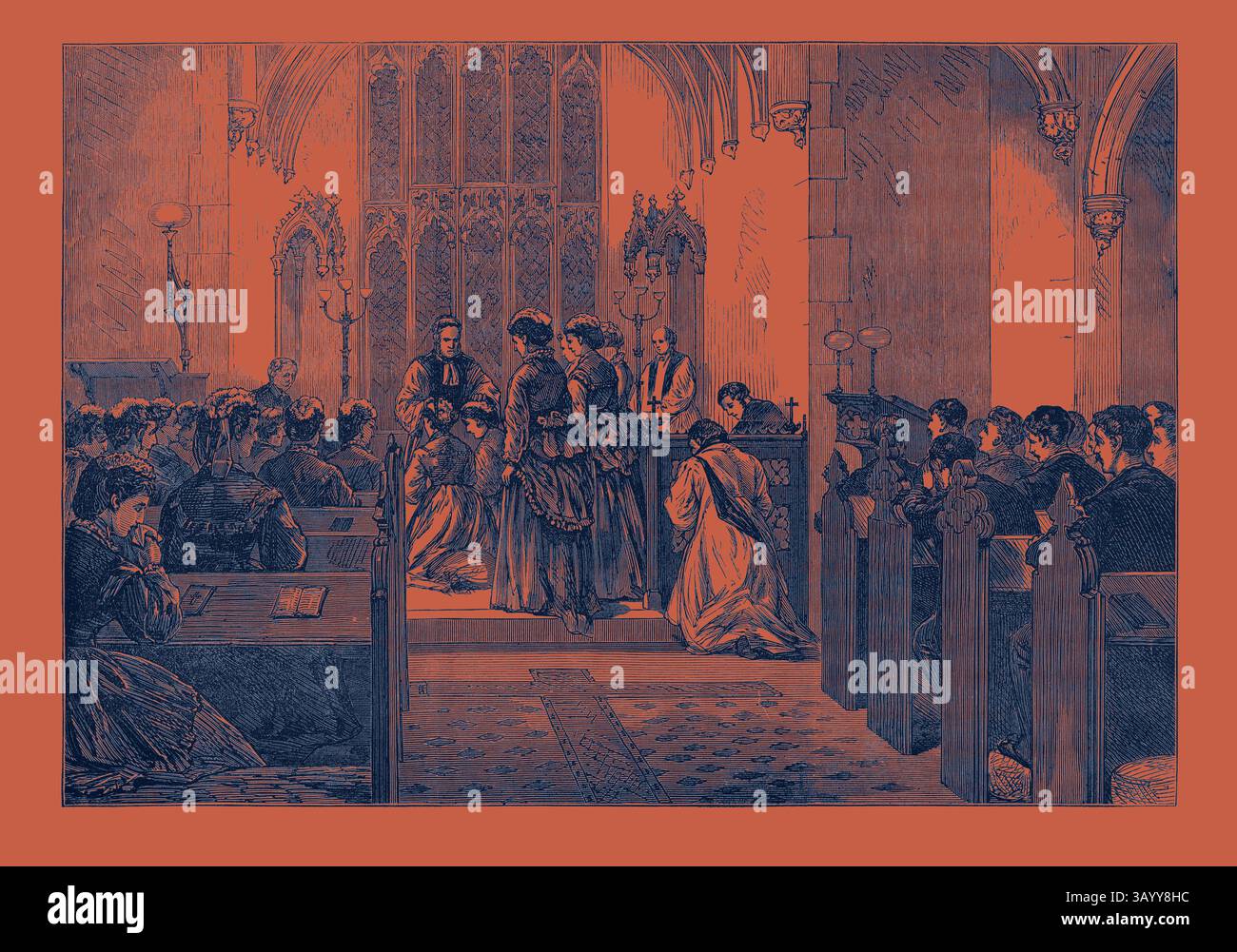 A group of people gathered in a spacious interior, engaged in a solemn ...