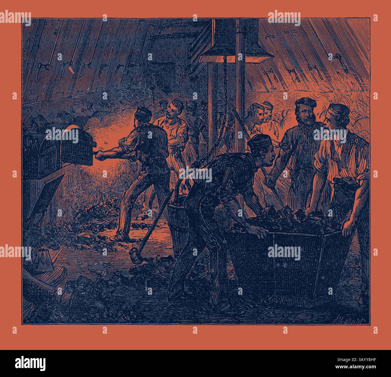 A group of men is engaged in intense labor inside a dimly lit space ...