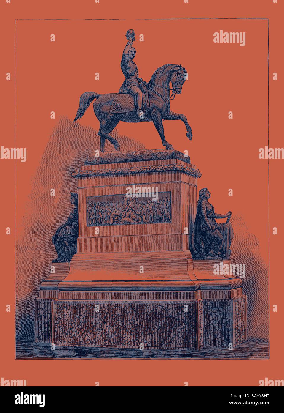 A grand equestrian statue atop an ornate pedestal, depicting a mounted ...