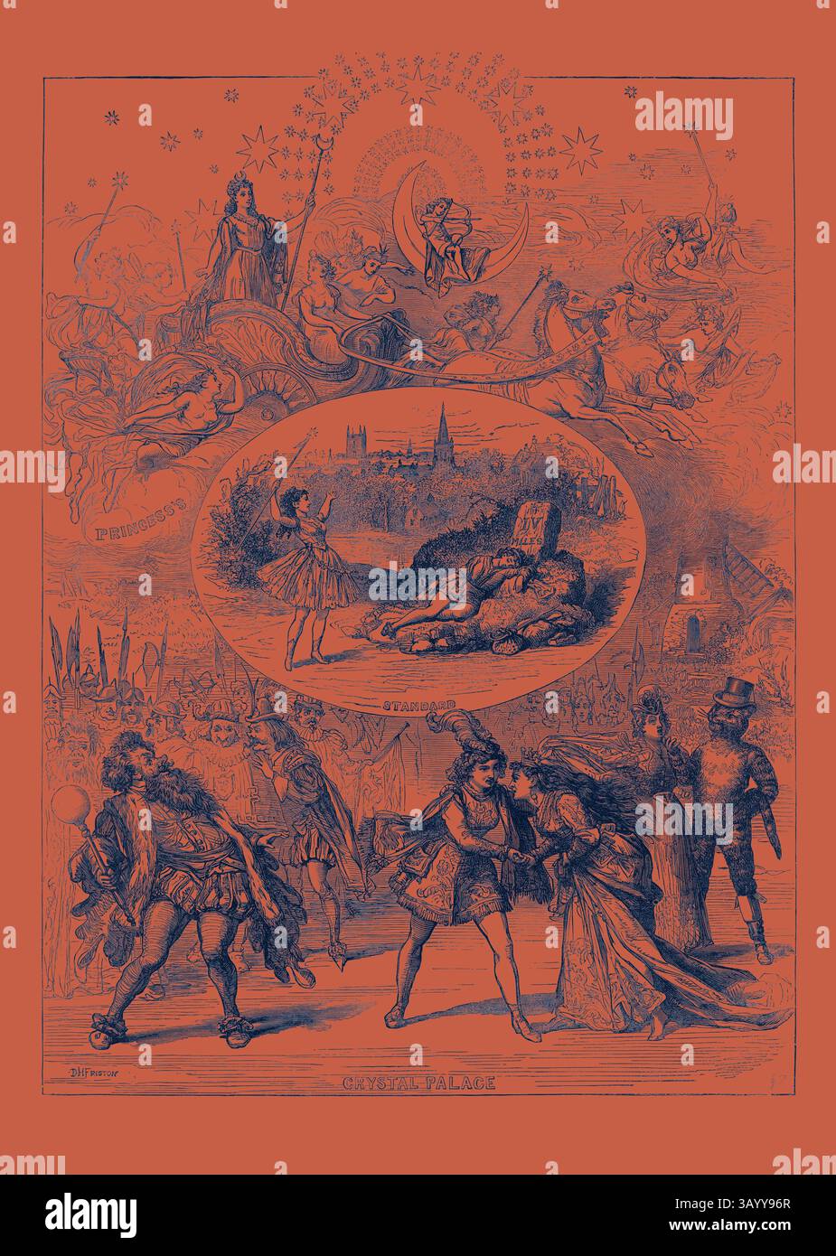 A vibrant artistic composition featuring a central oval scene of a ...