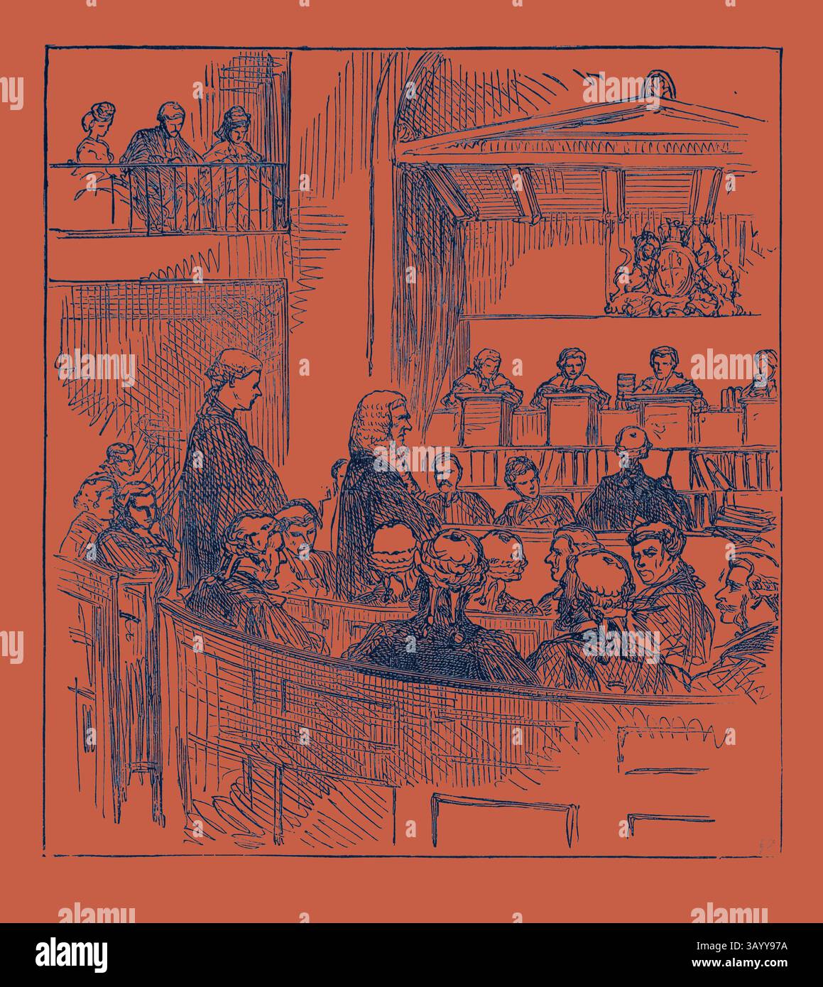 A courtroom scene depicts a tense moment with a judge presiding over a ...