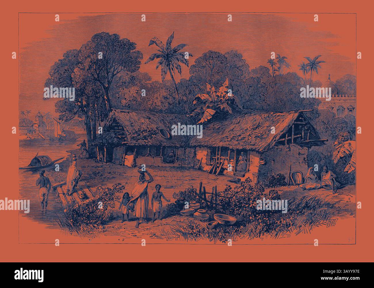 A serene scene depicting a rustic village, featuring traditional ...