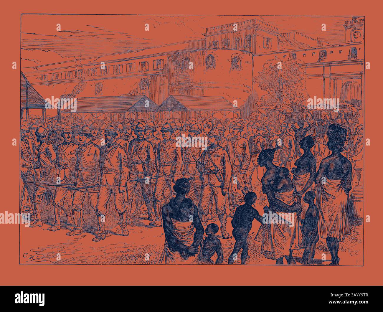 A large group of soldiers stands in formation, flanked by onlookers ...