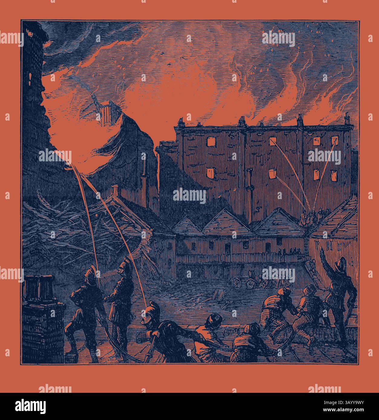 A dramatic scene depicting firefighters battling a fierce blaze ...