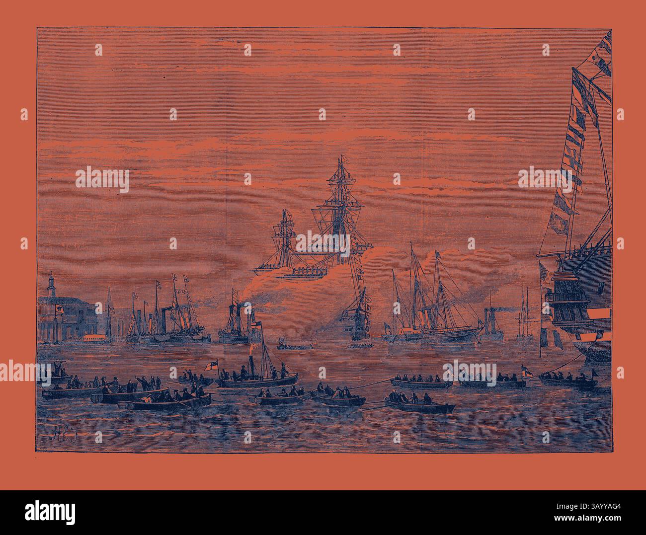 A bustling harbor scene features ships of various sizes, with tall ...