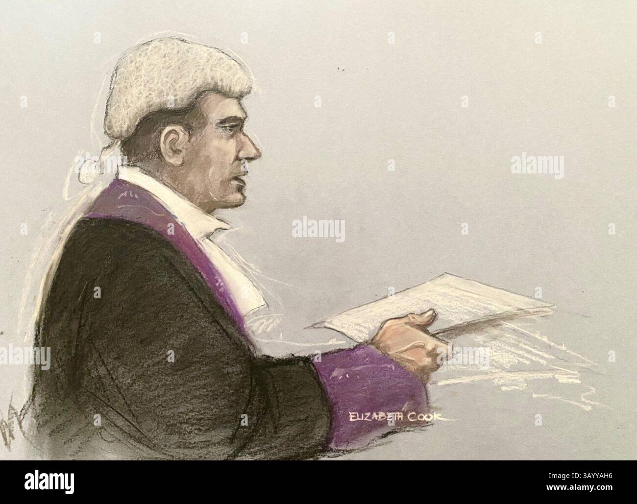 Court artist sketch by Elizabeth Cook of Judge William Mousley KC ...