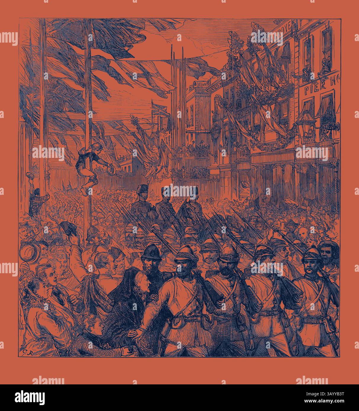 A bustling crowd fills the streets, adorned with flags and military ...