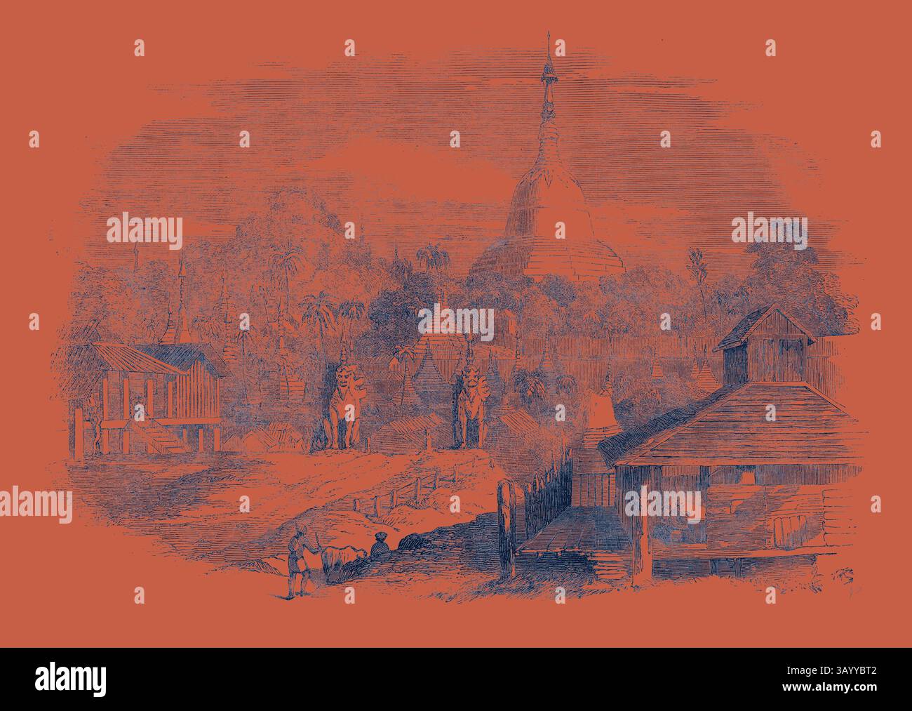 A serene landscape depicting a village scene with traditional ...