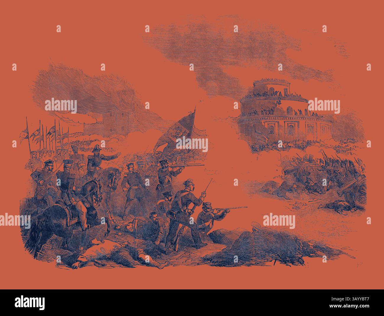 A chaotic battlefield scene depicts soldiers engaged in combat, with ...