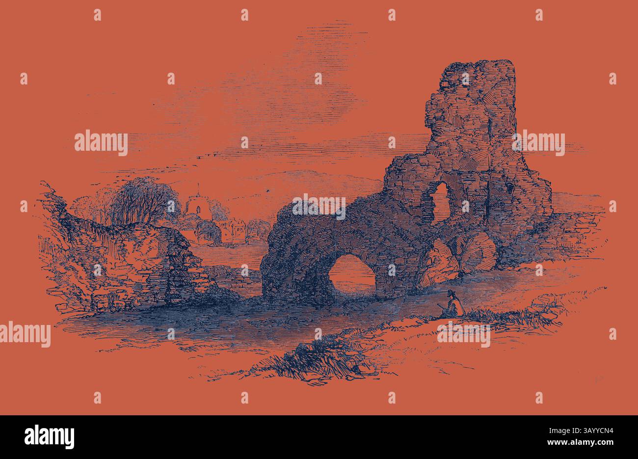 A crumbling ancient structure stands amidst a serene landscape, with ...