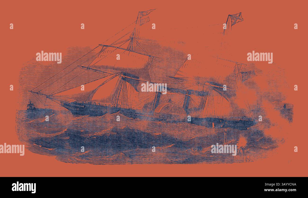 A classic steamship with prominent sails navigates through turbulent ...