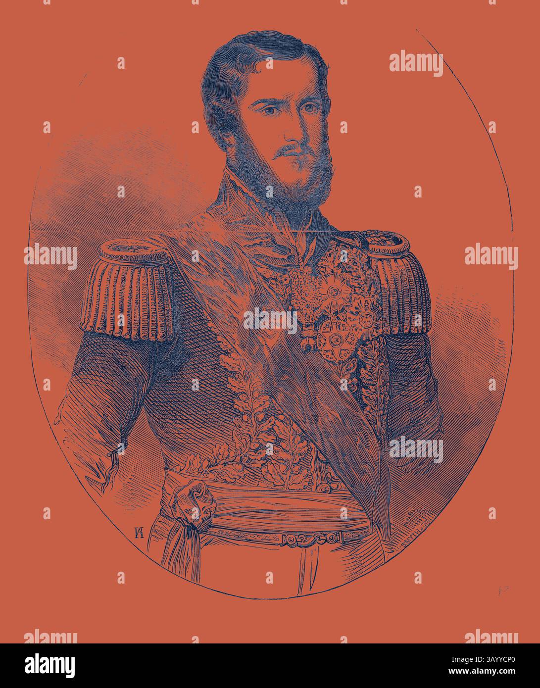 A regal figure in an elaborate military uniform, adorned with ...