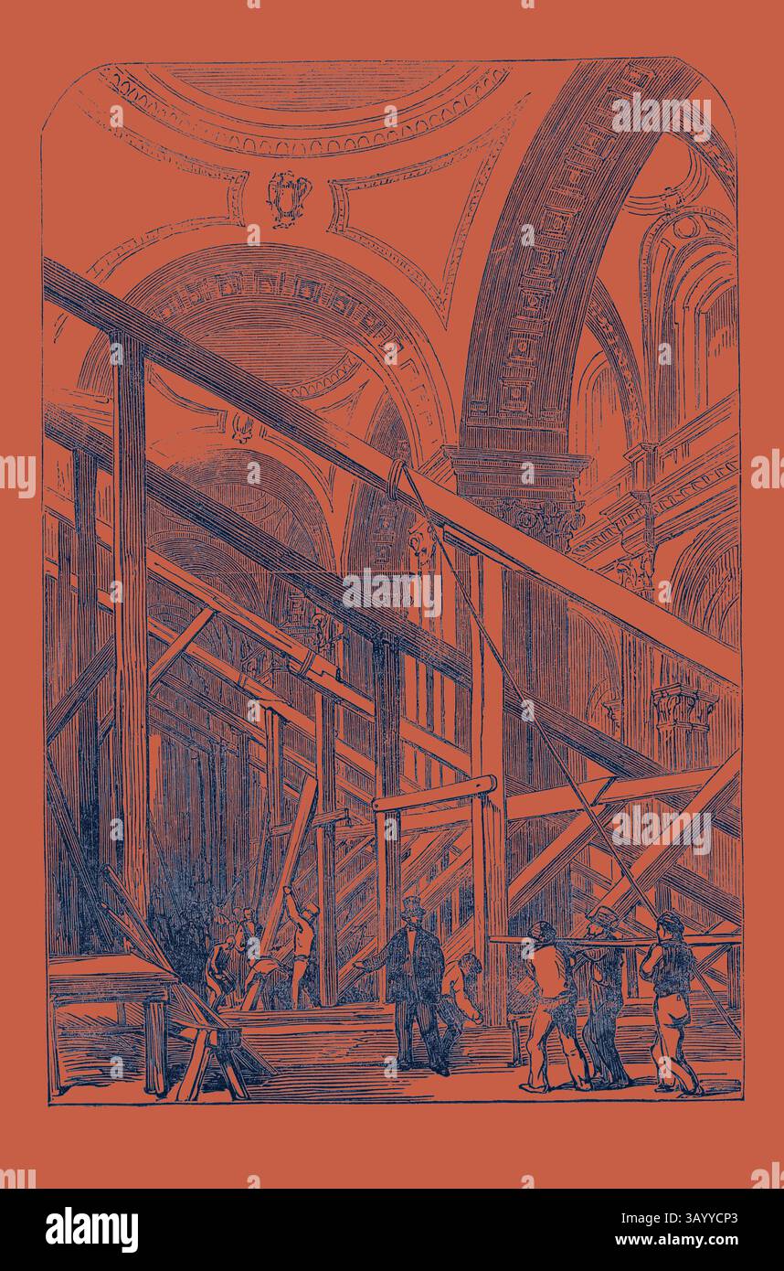 A bustling construction scene within a grand architectural space, where ...