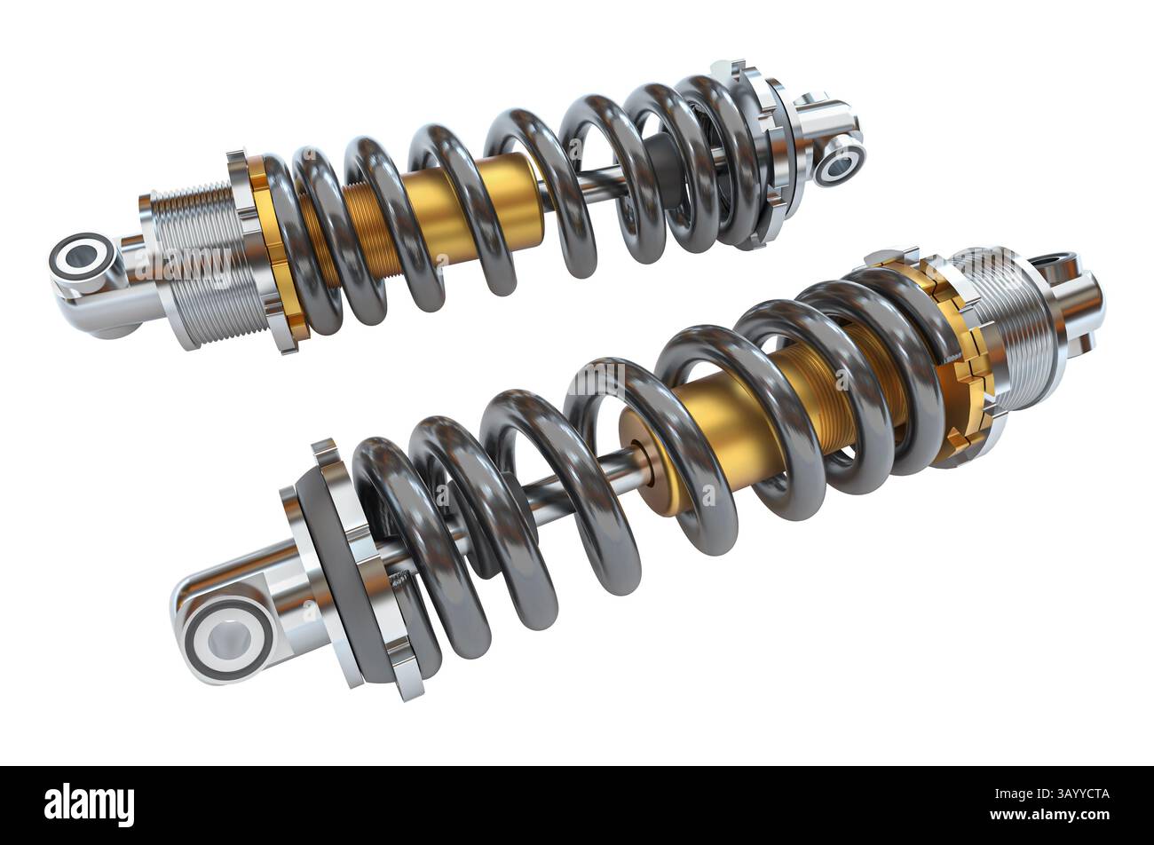 Two metal and gold shock absorbers with transparent background 3d Stock ...