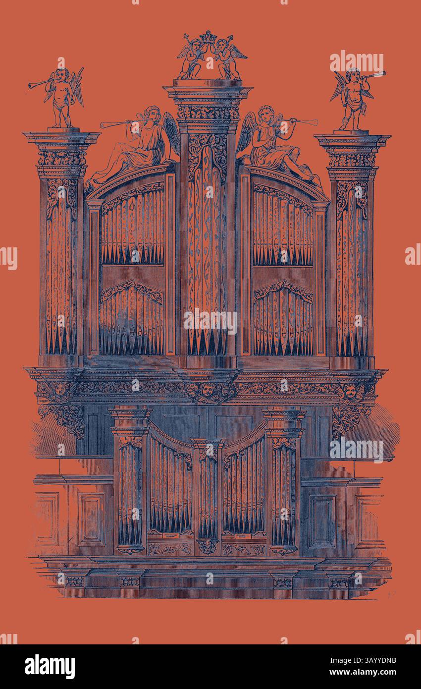 A grand organ adorned with intricate carvings, featuring two cherubs ...