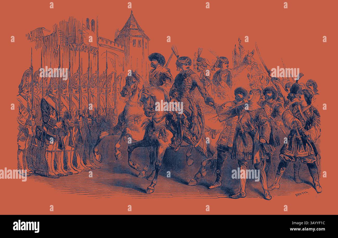 A historical scene depicting a formal procession, featuring soldiers on ...