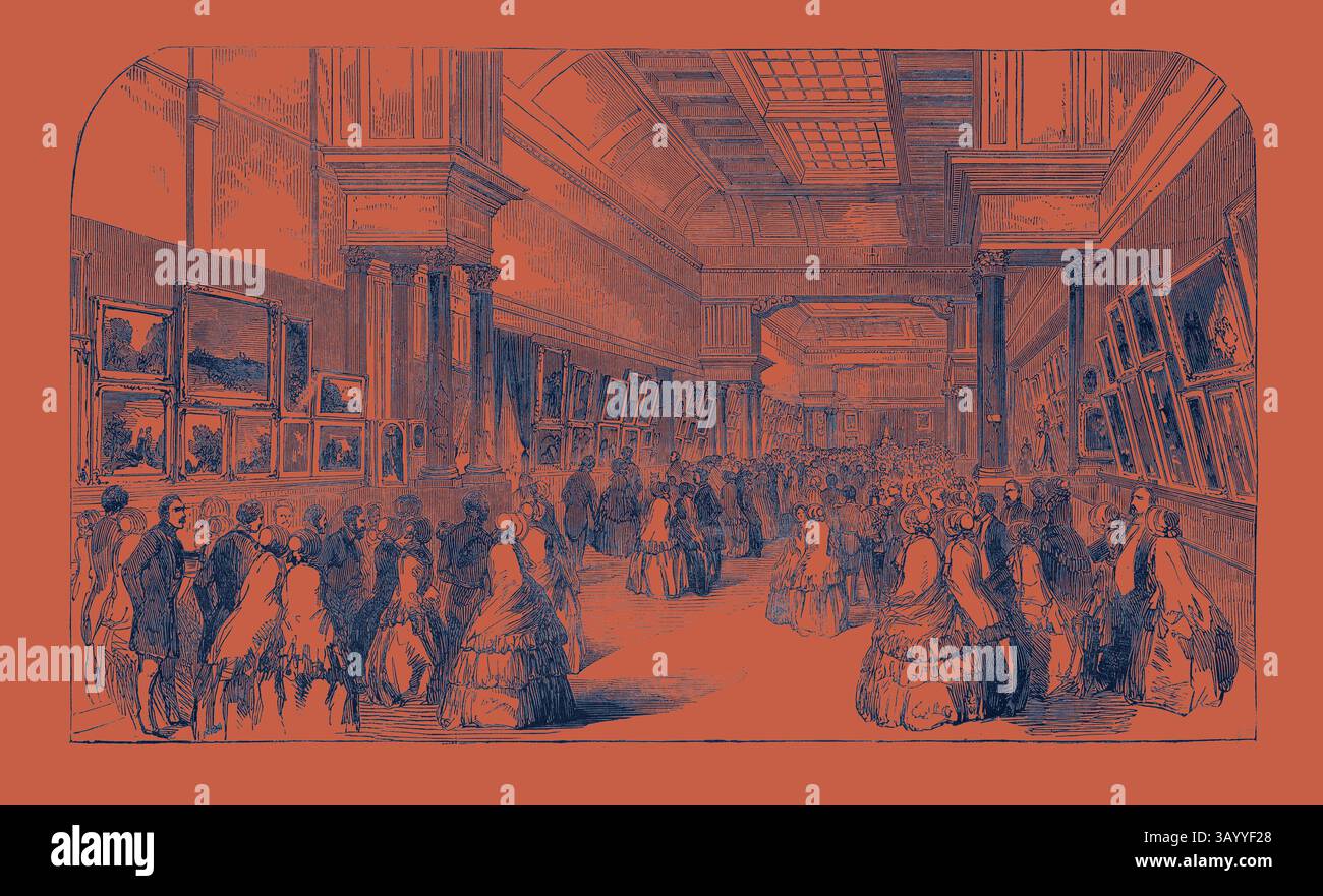 A crowded art gallery bustling with elegantly dressed visitors admiring ...