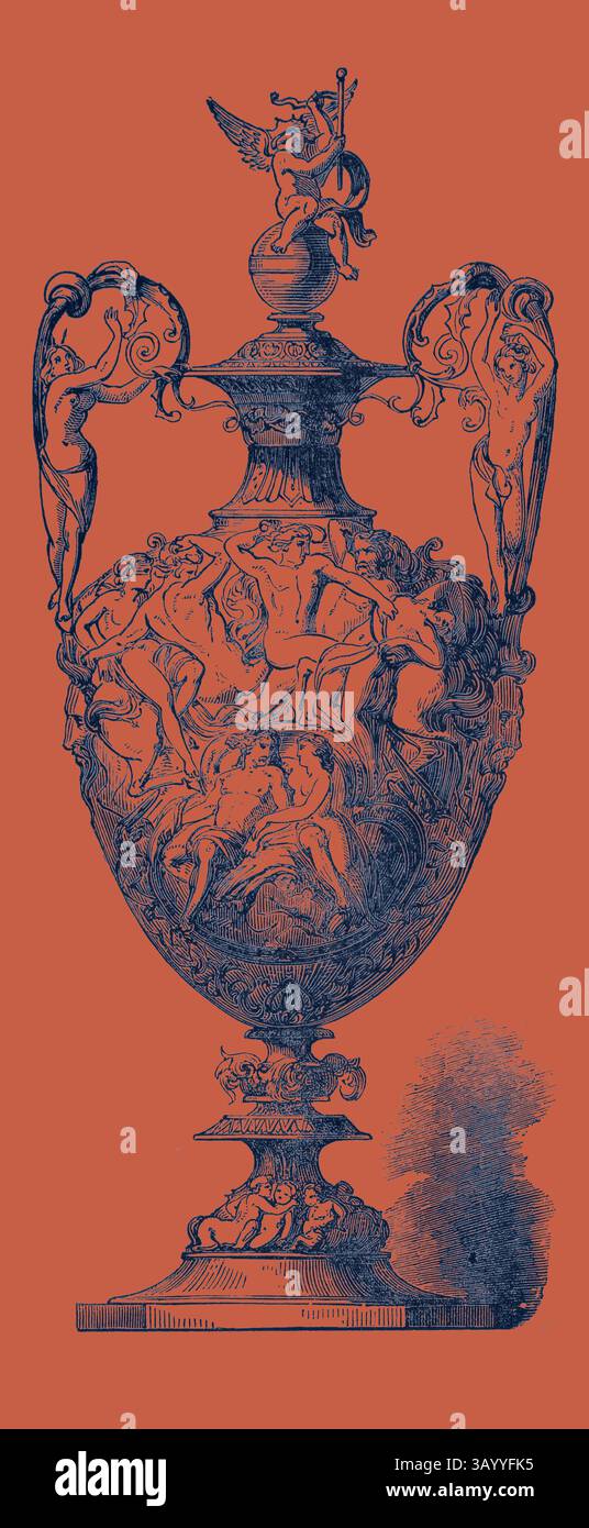 An ornate urn featuring intricate carvings of cherubs and mythological ...