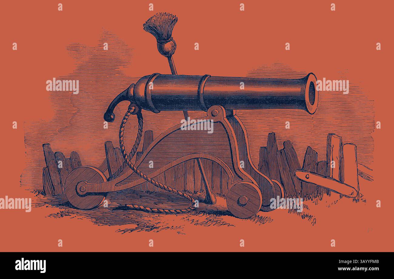 A vintage cannon rests on a wooden base, surrounded by wooden blocks ...