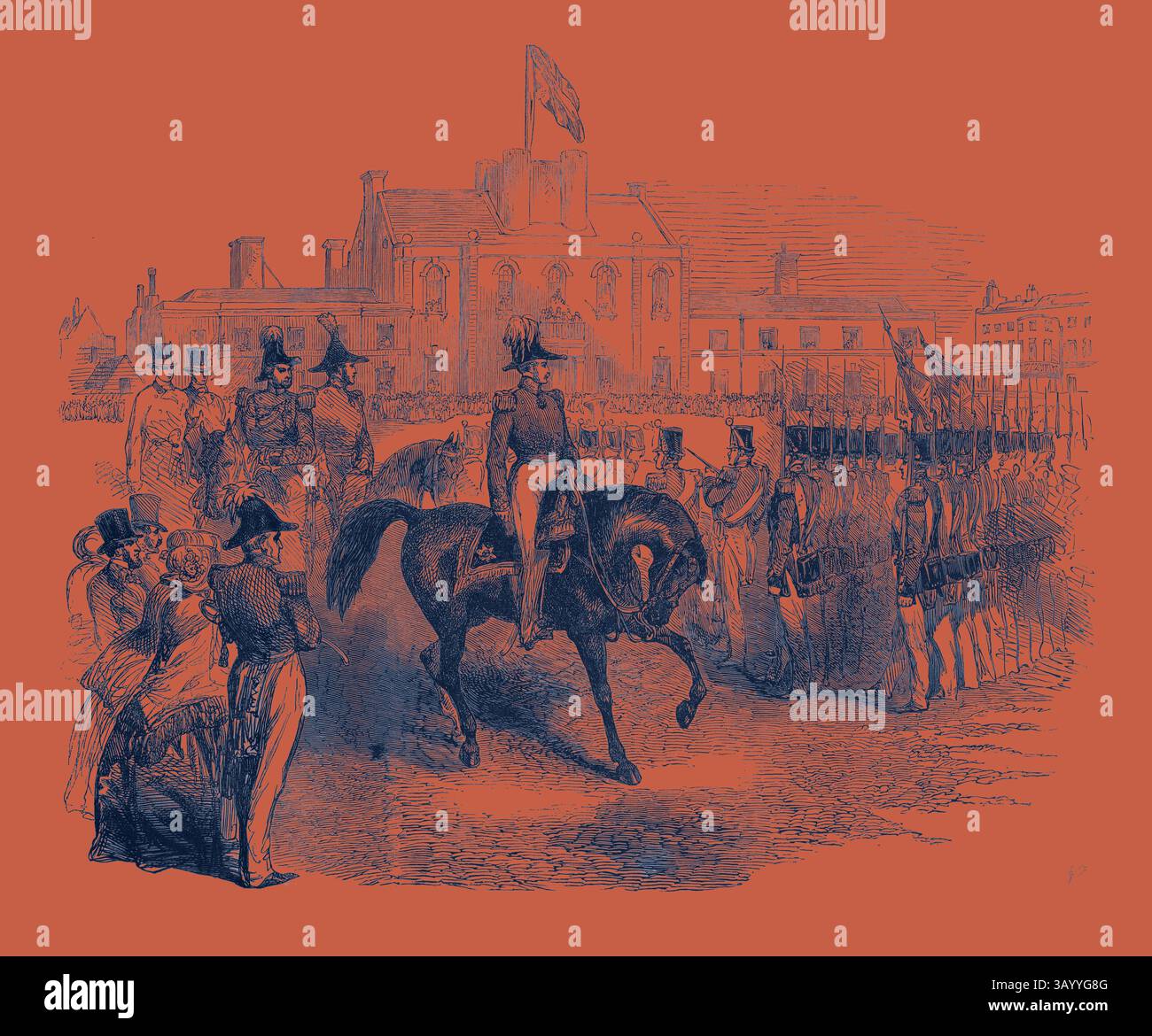 A mounted officer reviews a military parade, flanked by soldiers in ...