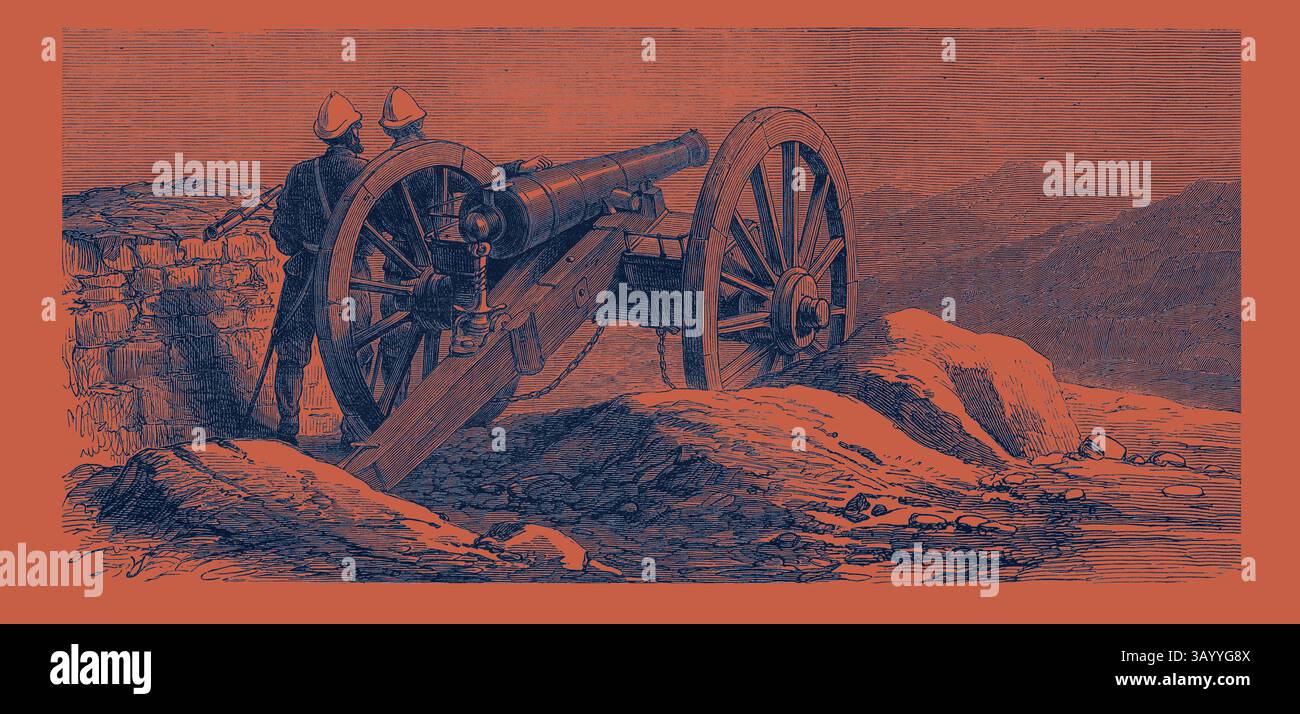 Two soldiers stand watch beside a large cannon, overlooking a rugged ...