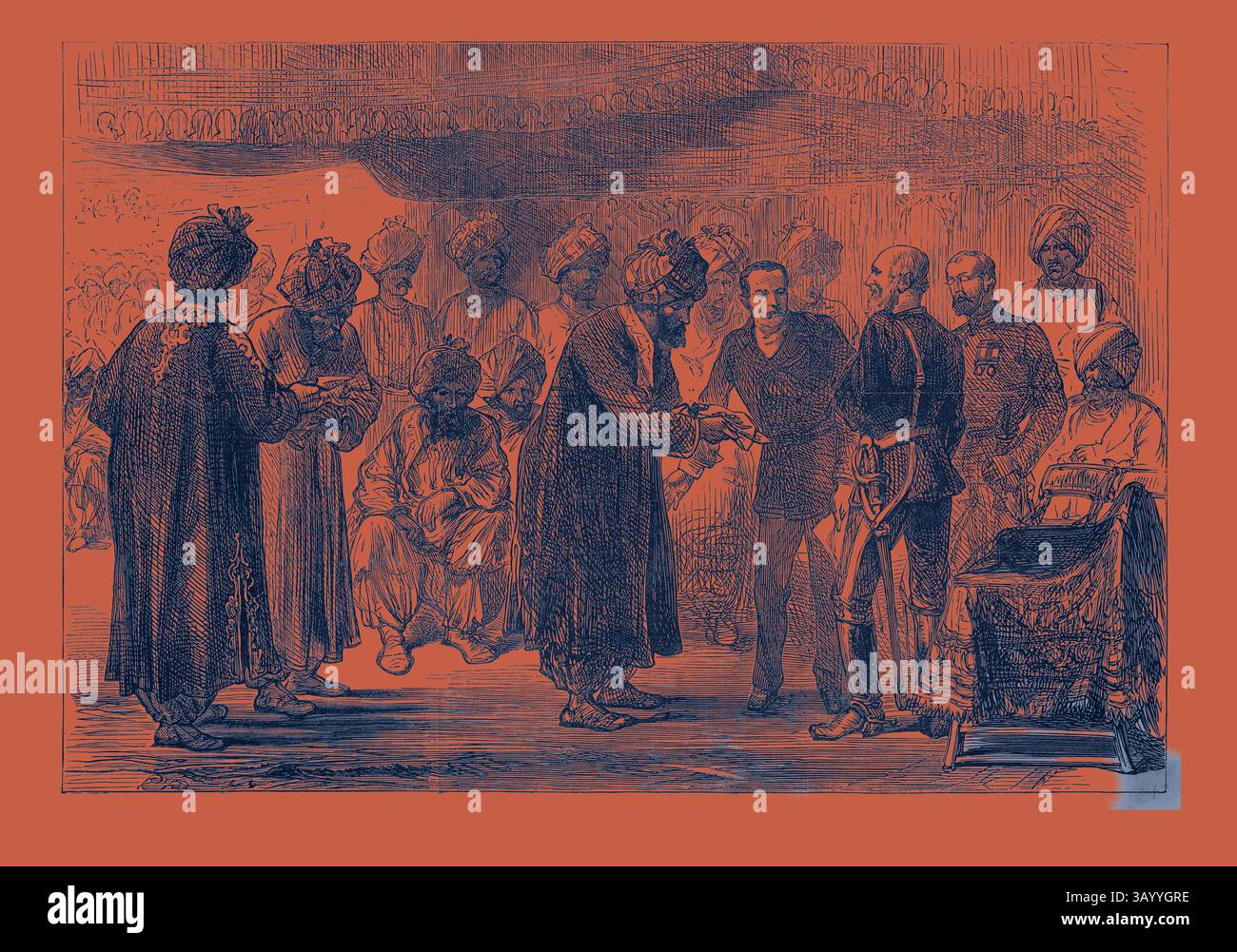 A gathering of dignitaries and figures in ornate attire, engaging in a ...