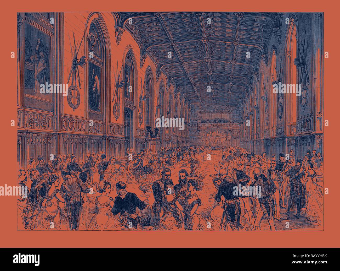 A grand banquet scene filled with elegantly dressed guests, mingling ...