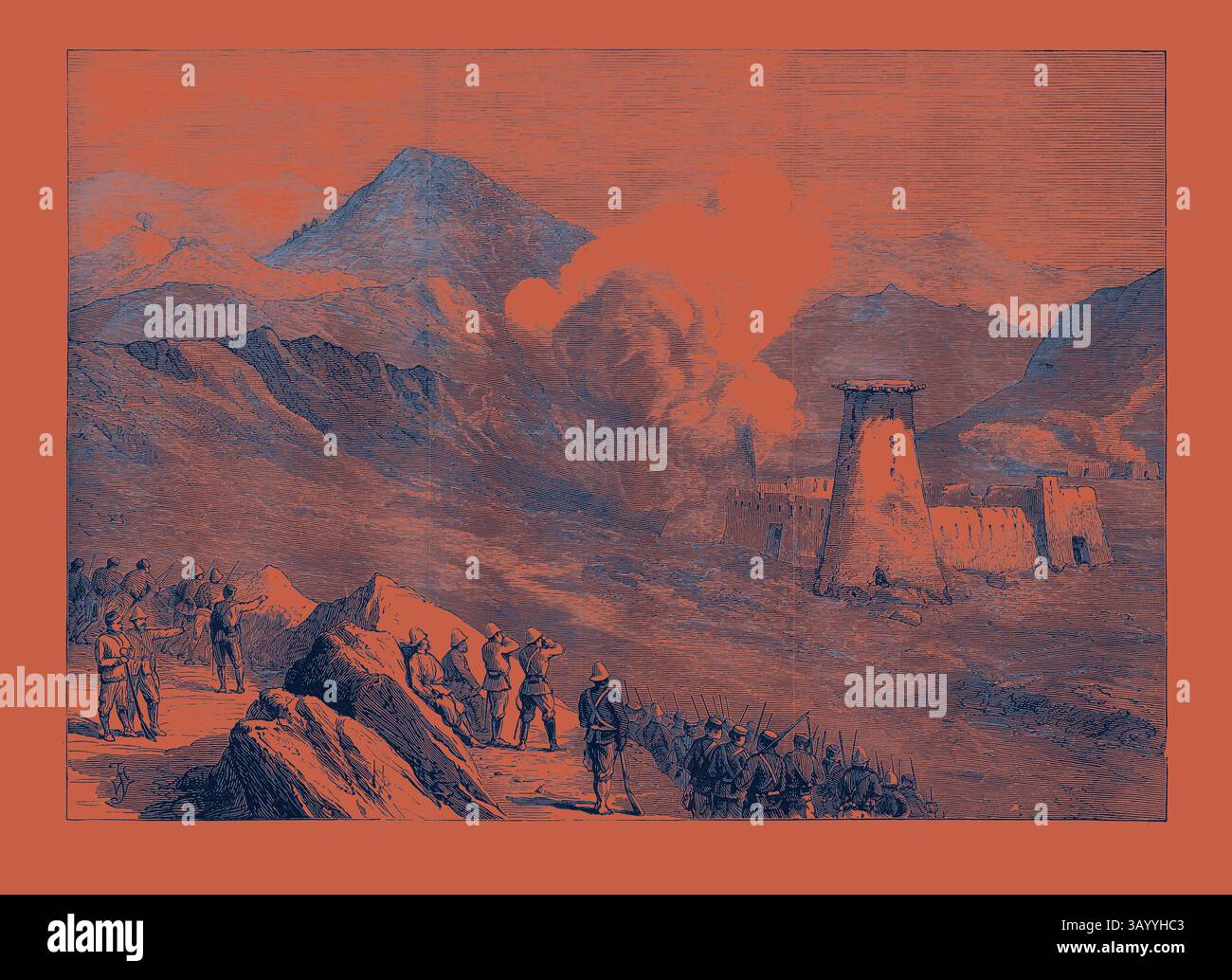 A group of soldiers gathers in the foreground, observing a distant ...