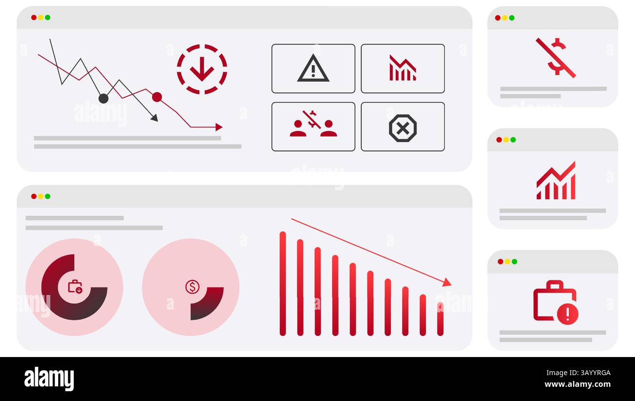 Declining line charts and crisis icons highlight ongoing economic ...