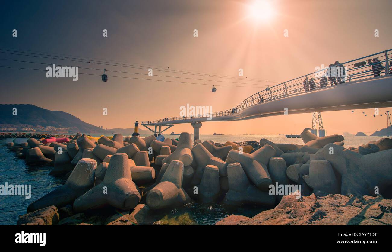 Busan city with Songdo Skywalk at sunset in Busan, South Gyeongsang ...