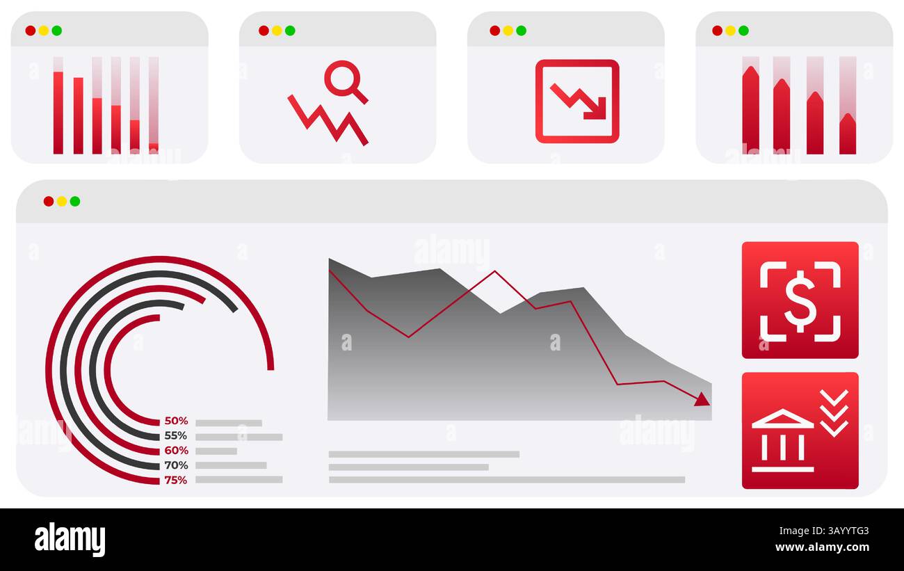 Data visualization with bar graphs and falling line charts emphasizes decreasing investments ...